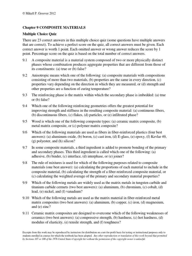 Chapter 9 Composite Materials Multiple Choice Quiz: © Mikell P. Groover ...