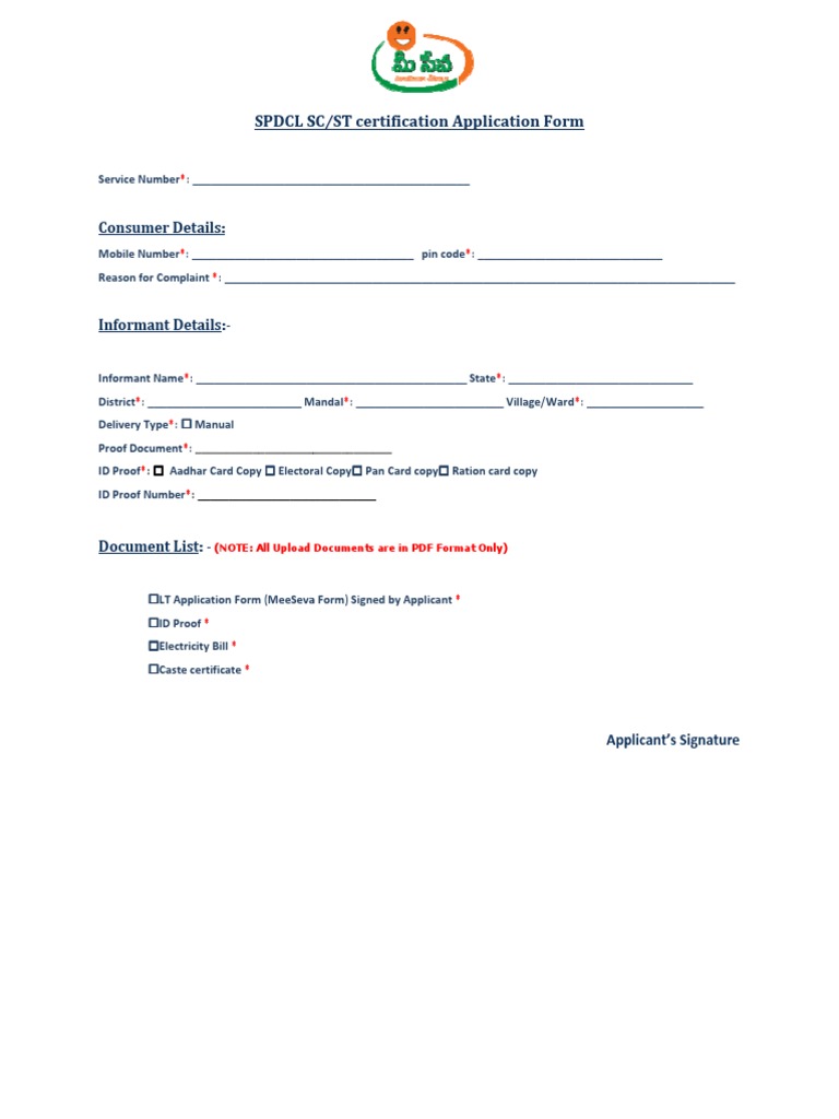 SPDCL SC/ST Certification SC/ST Certification Application Form | PDF