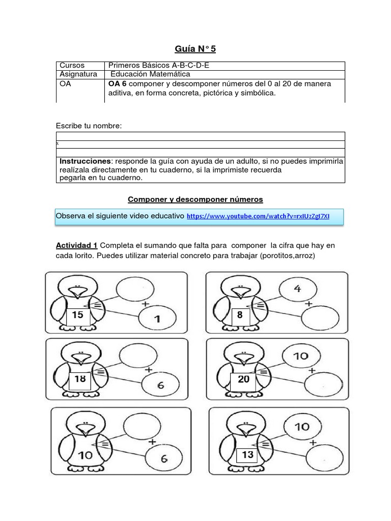 Guía sobre componer y descomponer números del 0 al 20 de manera aditiva ...