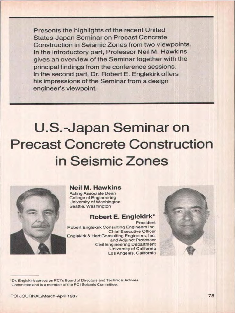 US - Japan Seminar On Precast Concrete Construction in Seismic Zones ...