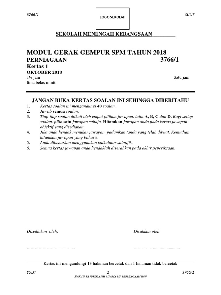 Modul Gerak Gempur SPM 2018 Kertas 1 | PDF