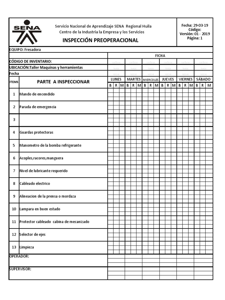 INSPECCION PREOPERACIONAL FRESADORA Convencional | PDF