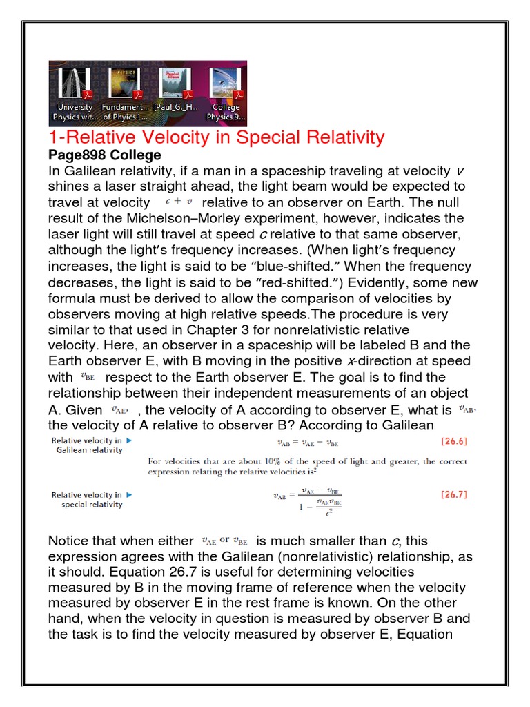 1-Relative Velocity in Special Relativity: Page898 College | PDF ...