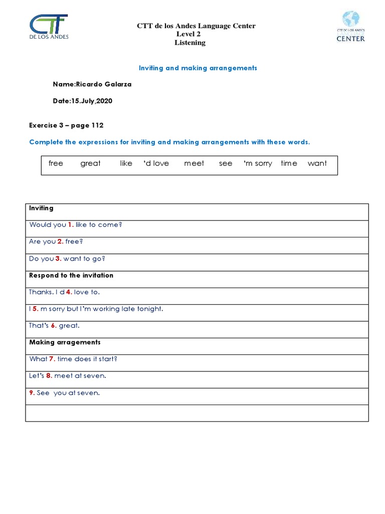 Unit 9 - Listening - Inviting and Making Arrangements PDF | PDF