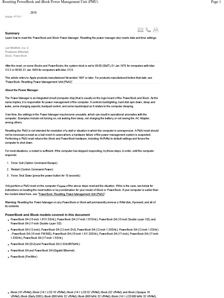 Resetting PowerBook and Ibook Power Management Unit (PMU) | PDF ...
