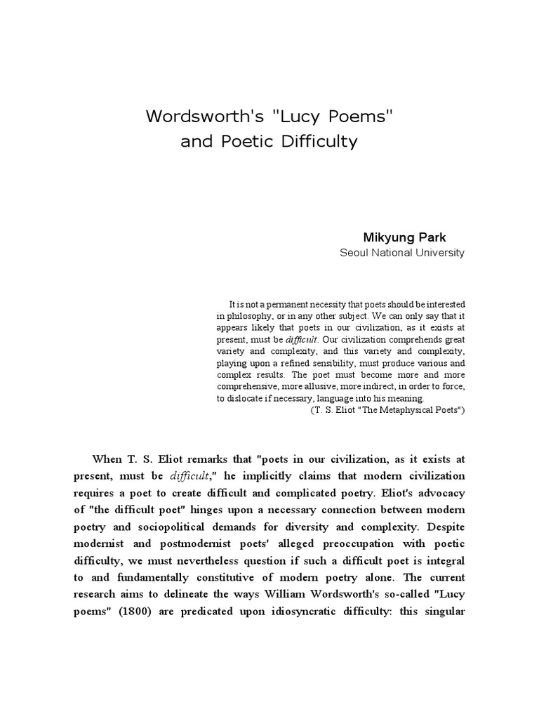 Wordsworth S Lucy Poems and Poetic Diffi PDF | PDF | Romanticism | Poetry