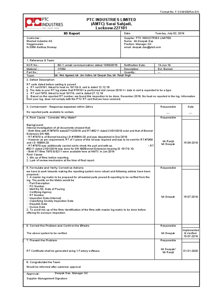 PTC Industries Limited (AMTC) Sarai Sahjadi, Lucknow-227101: 8D Report ...