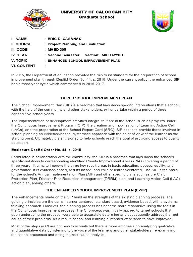 E-Sip Deped School Improvement Plan | PDF | Risk Management | Evidence ...