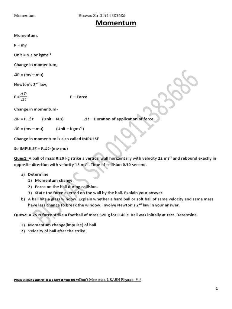 Momentum: ΔP = (mv - mu) | PDF | Collision | Electronvolt
