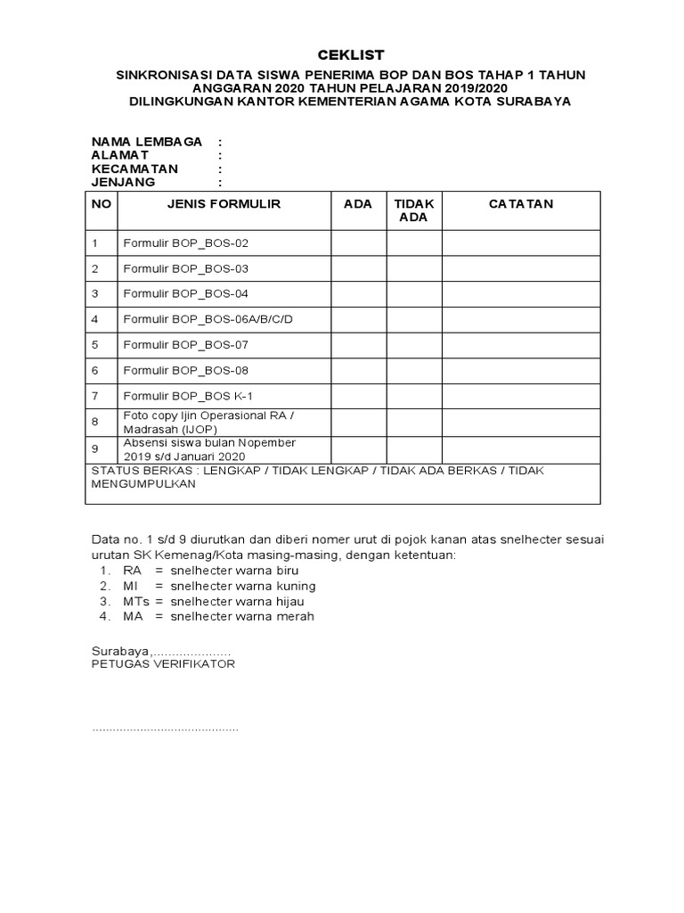 Ceklist - Dokumen Pemberkasan BOS - BOP - Sinkronisasi Tahap II | PDF