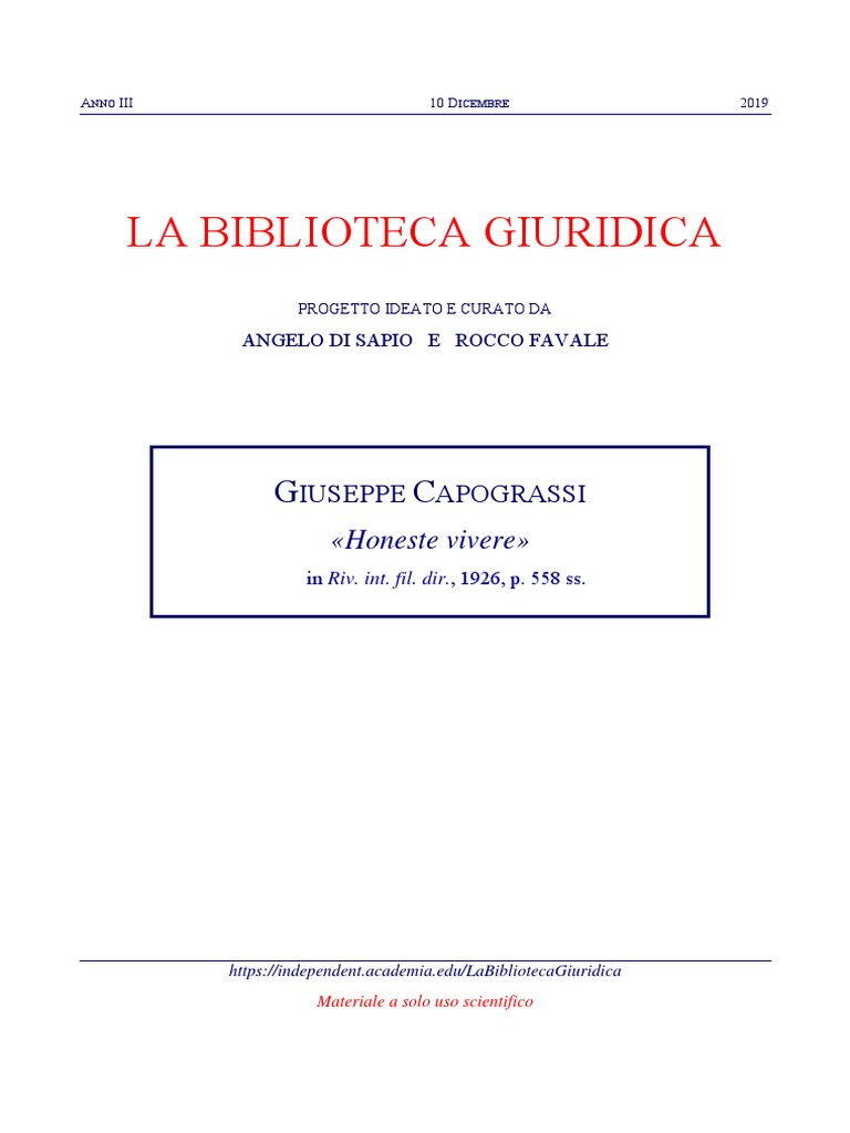 Giuseppe Capogrossi Honeste Vivere 1926 PDF | PDF