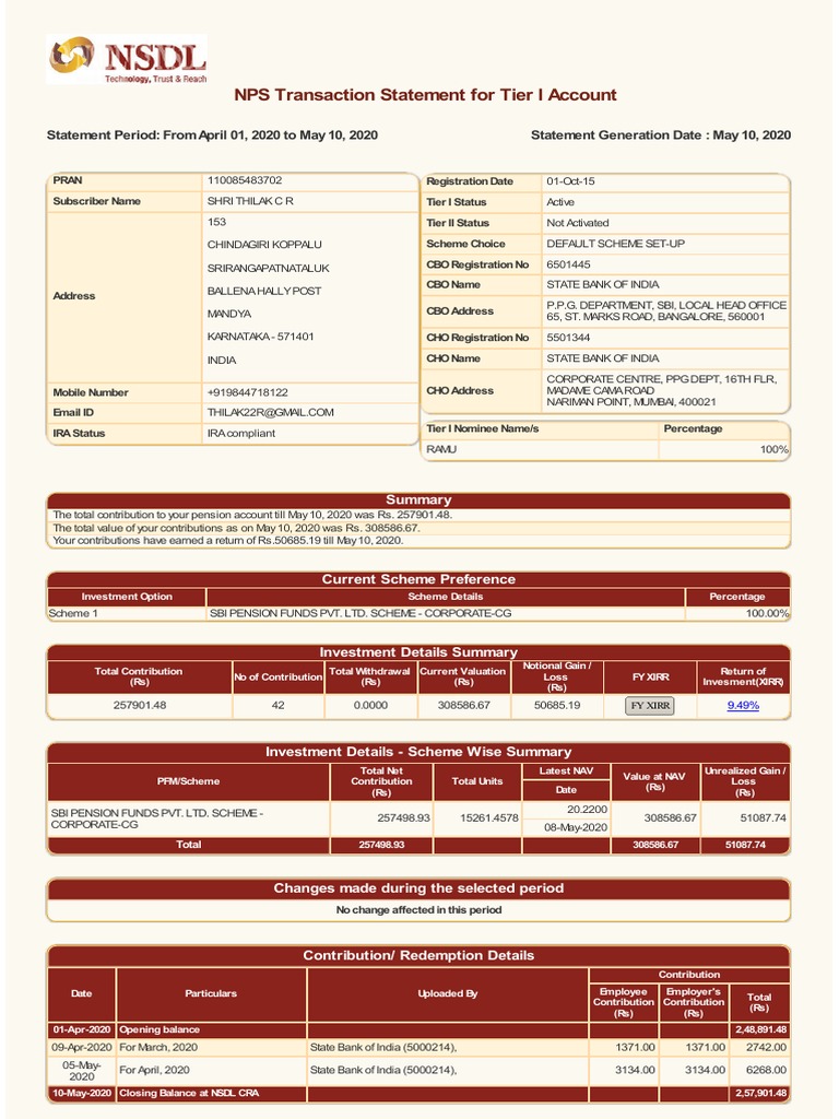 NPS Transaction Statement For Tier I Account | PDF | Tax Deduction ...