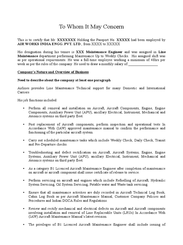 Aircraft Maintenance Engineer - Sample Letter | PDF | Aircraft ...