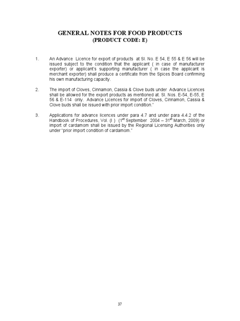 General Notes For Food Products: (Product Code: E) | PDF