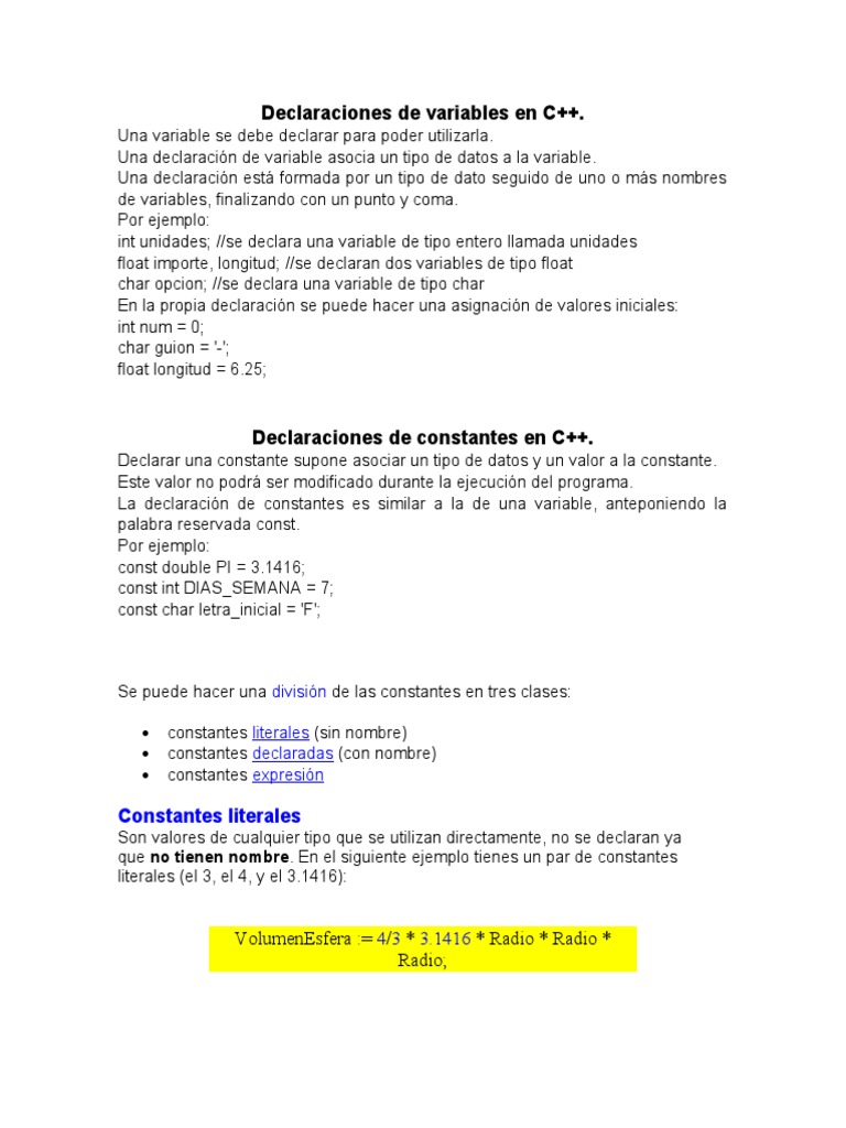 Declaraciones de Variables en C | PDF | C ++ | Variable (informática)