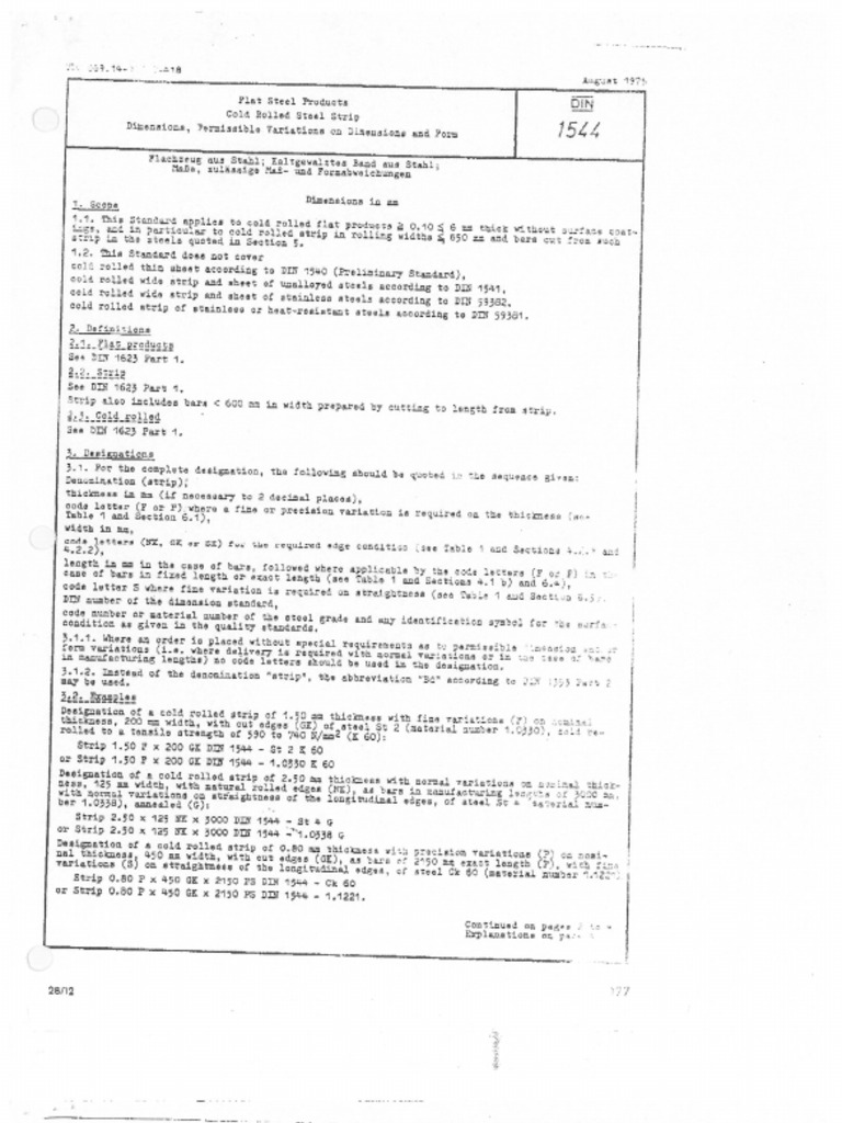 DIN 1544 - (1975-08) - (Flat Steel-Cold Roll-Strip - Dimensions, Tolerances) - English PDF | PDF