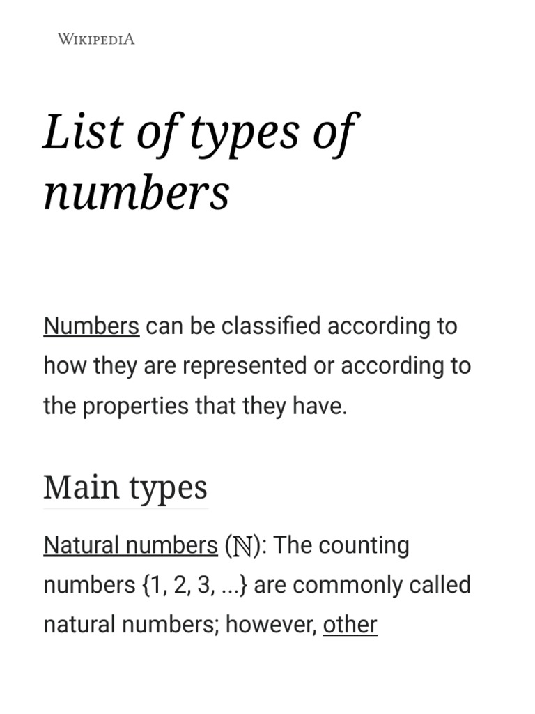 List of Types of Numbers - Wikipedia | PDF | Numbers | Trigonometric ...
