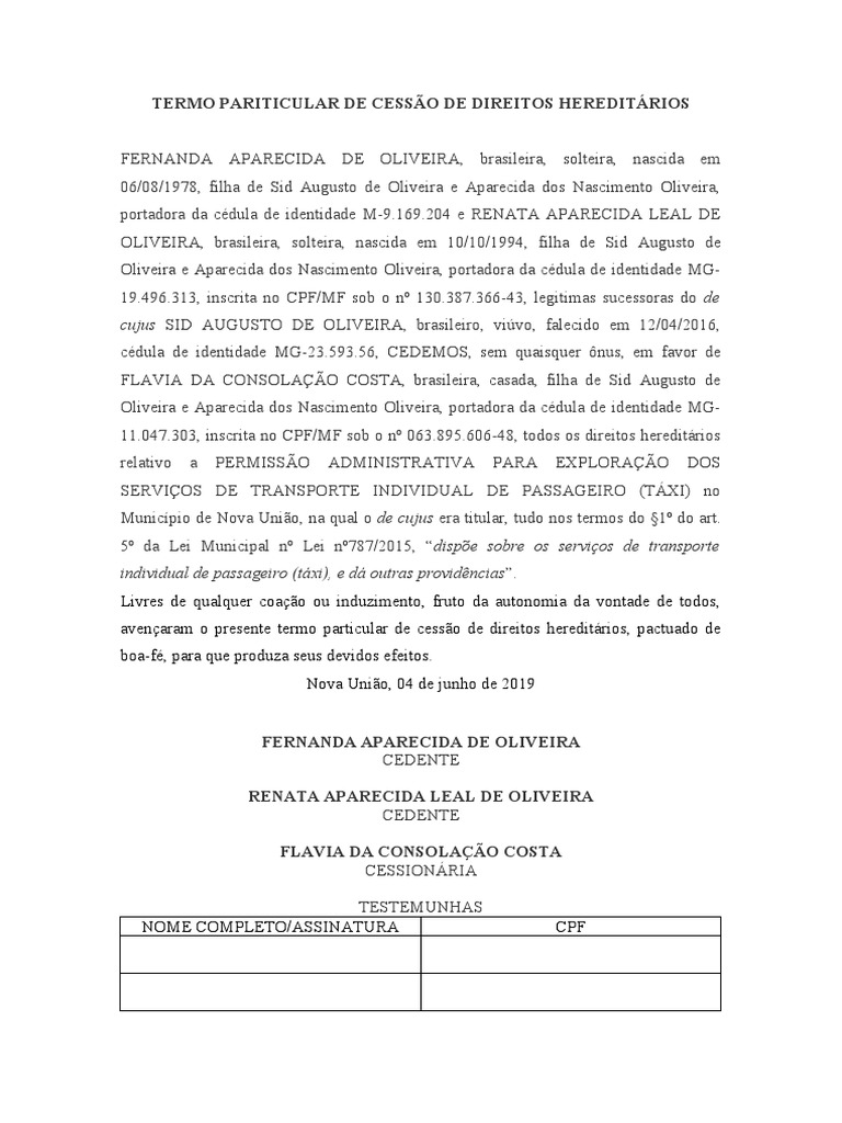 Termo Particular De Cessão De Direitos Hereditários Pdf