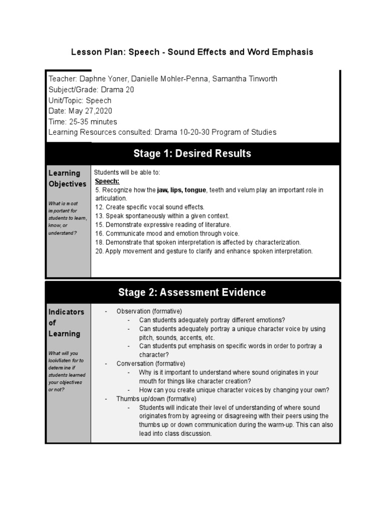 Drama Lesson Plan - Project 1 | Download Free PDF | Speech | Human Voice