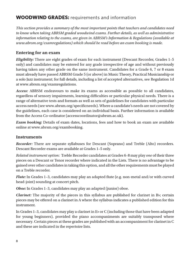 WOODWIND GRADES: Requirements and Information: Entering For An Exam ...