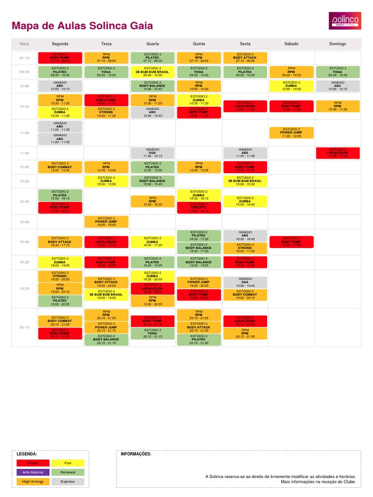 Horário de aulas da academia Solinca Gaia | PDF