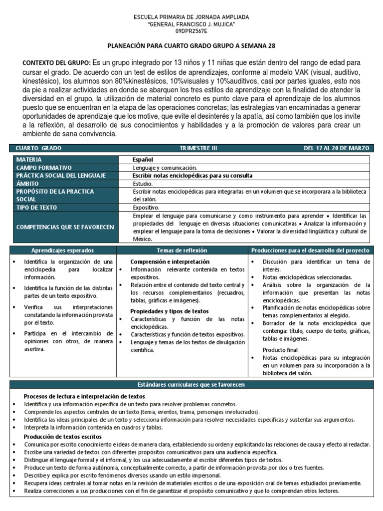 Planeación de Español para Cuarto Grado | PDF | Enciclopedias | Coche
