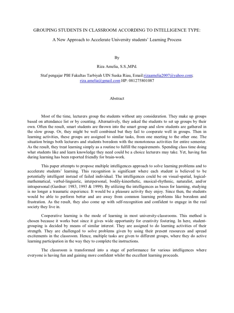 Paper Grouping Students in Classroom According To Intelligence Type ...