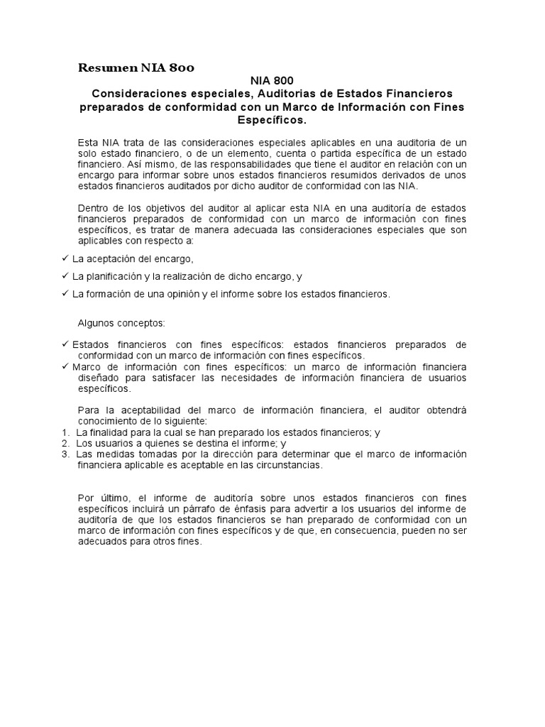 Resumen NIA 800 | PDF | Auditoría | Contralor