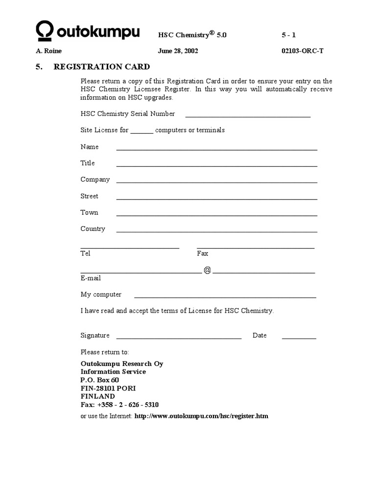 Registration Card: HSC Chemistry® 5.0 5 - 1 | PDF