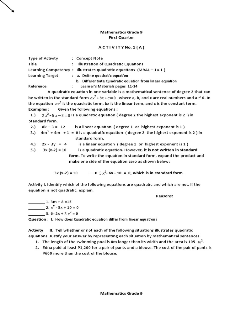 Quadratic Equations for Grade 9 | PDF | Quadratic Equation | Equations
