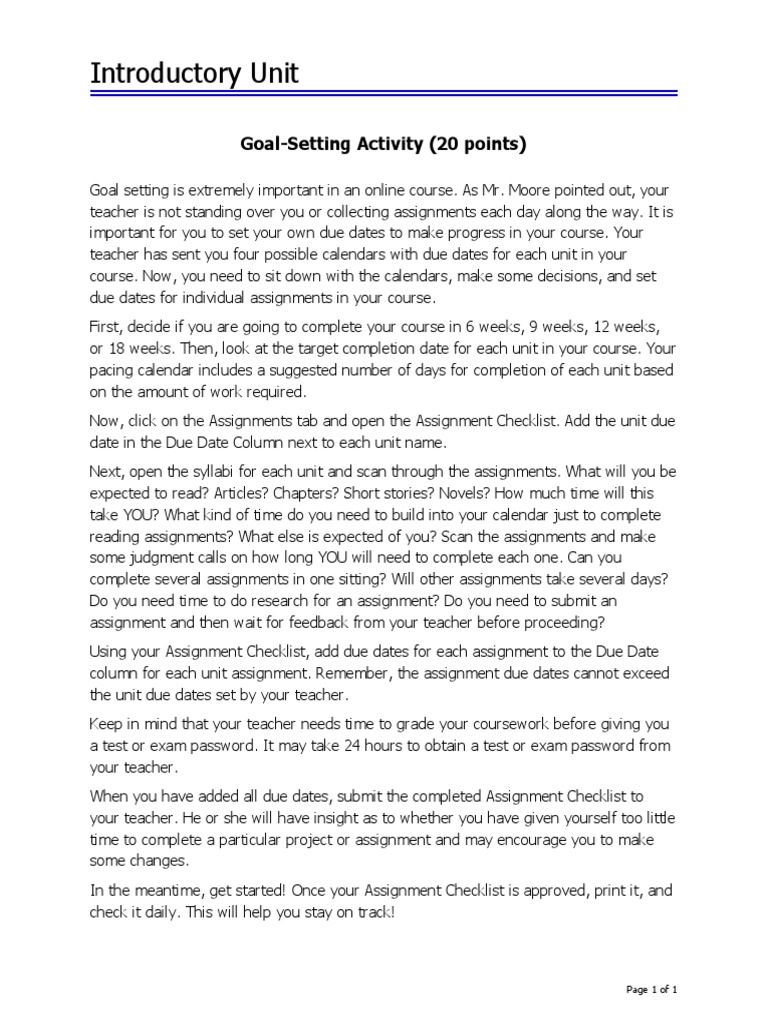 Introductory Unit: Goal-Setting Activity (20 Points) | PDF | Goal ...