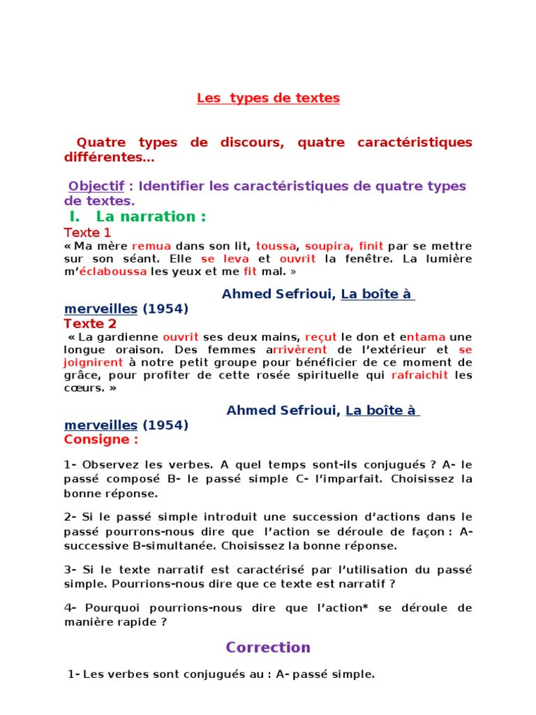 La Typologie Textuelle Caracteristiques de Quatre Types de Texte ...