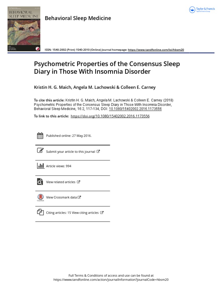 Psychometric Properties of The Consensus Sleep Diary in Those With ...