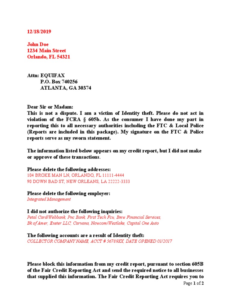 Credit EQUIFAX Letter | PDF | Credit History | Identity Theft