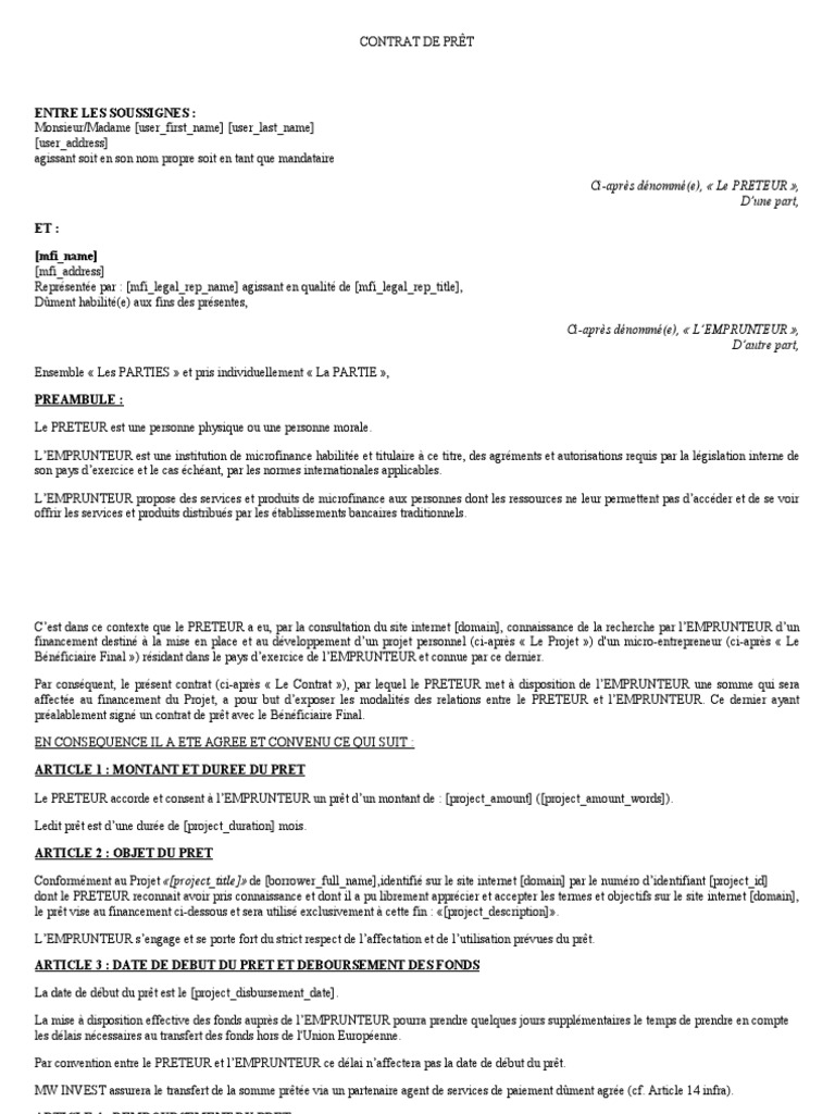 Modèle de contrat de prêt standard | PDF | Prêts | Centre d'intérêt