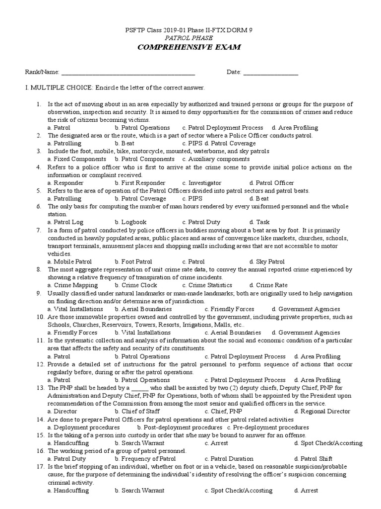 Patrol Phase EXAM COMPREHENSIVE | PDF | Police Officer | Arrest