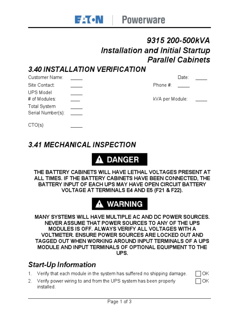 9315 200-500kVA Installation and Initial Startup Parallel Cabinets ...