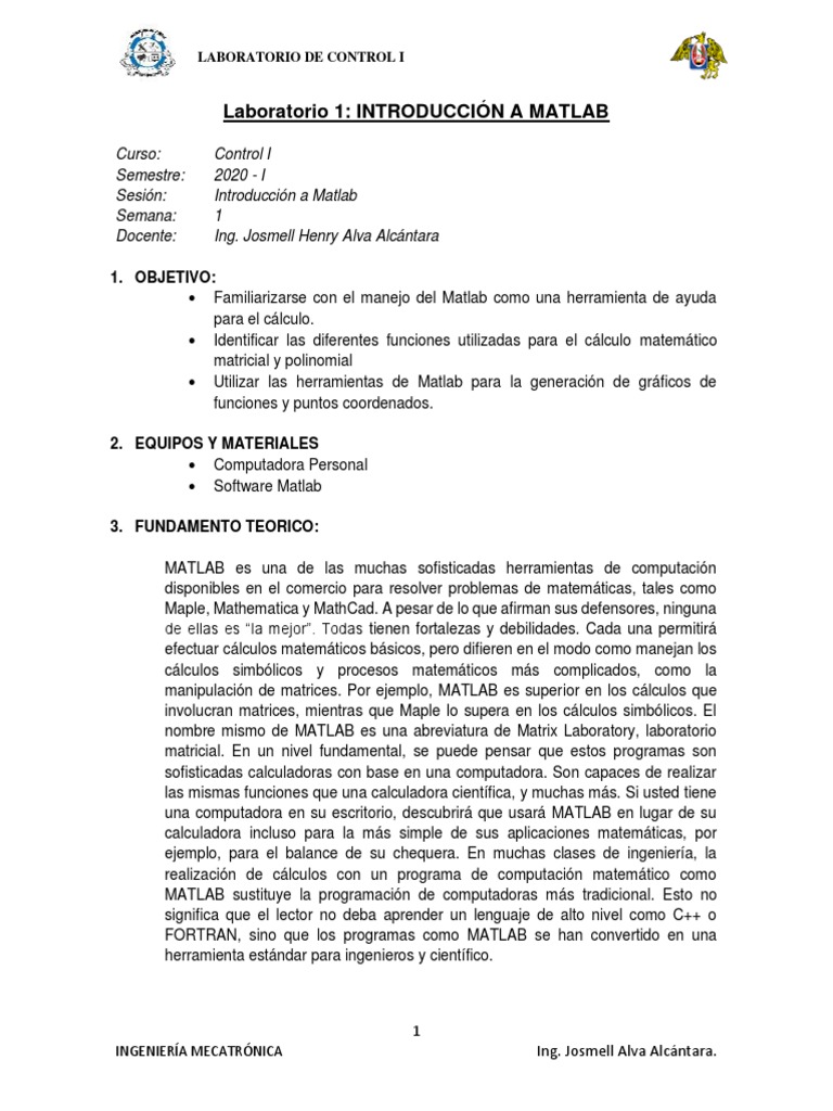 Lab 01 Introduccion A Matlab - Control I - 2020 | PDF | Matlab | Matriz (Matemáticas)