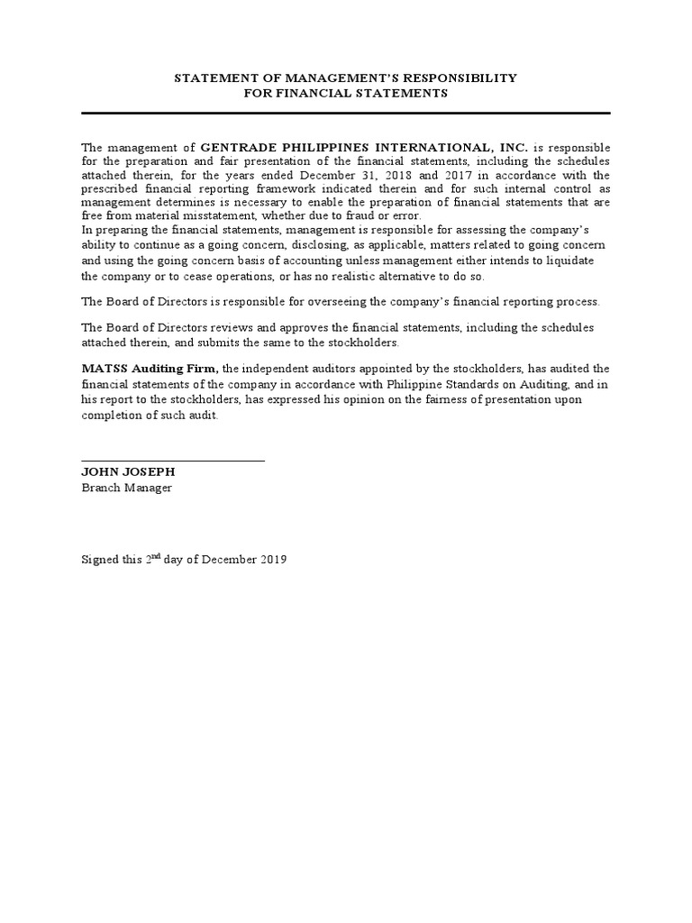 Statement of Management'S Responsibility For Financial Statements | PDF ...