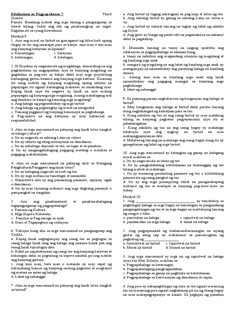 Grade 7 Pre Test 3rd Quarter | PDF