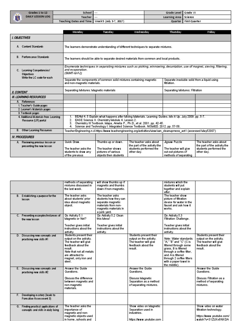 DLL Science Q1 - W5 July3-7 | PDF | Filtration | Teachers