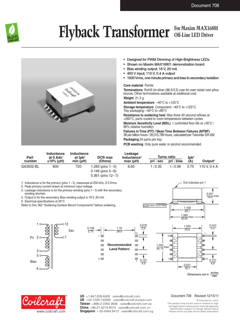 Flyback Transformer: For Maxim MAX16801 Off-Line LED Driver | PDF ...