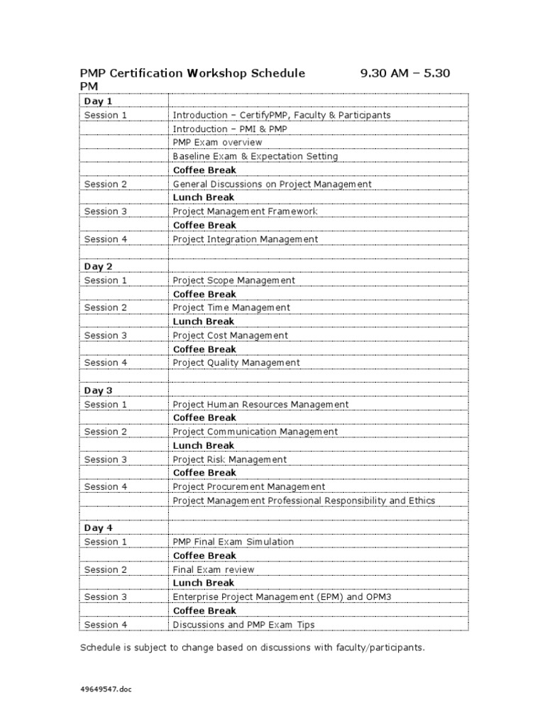 PMP Workshop Agenda | PDF