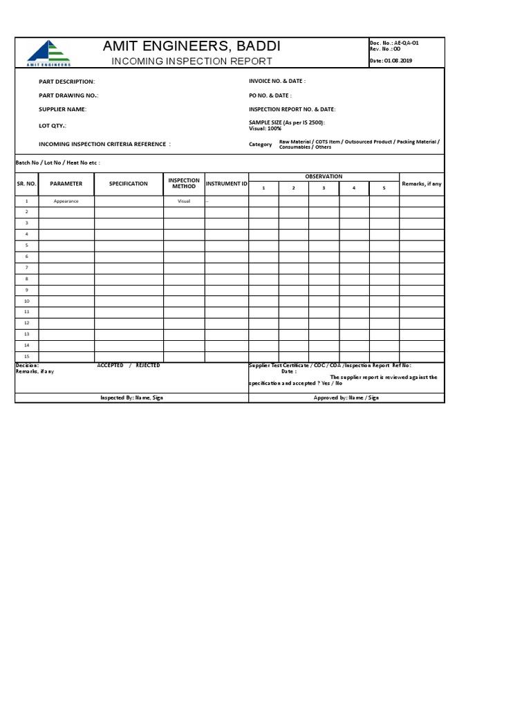 Incoming Inspection Report Template | PDF | Business Process | Evaluation