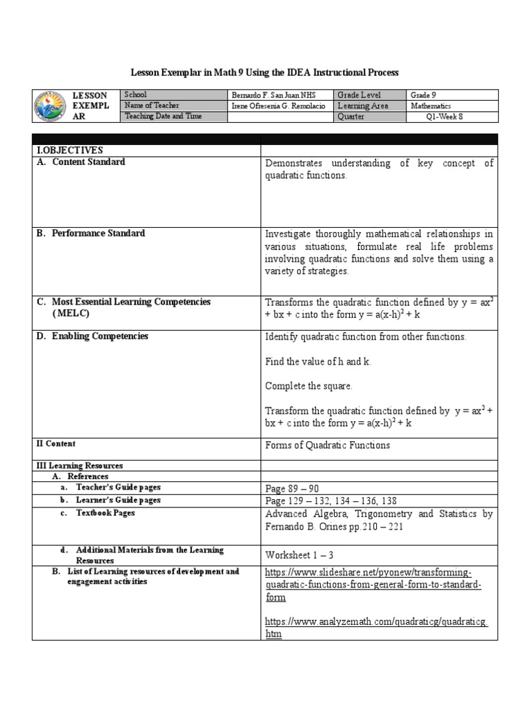 Grade 9 Math Lesson on Quadratic Functions | PDF | Behavior ...