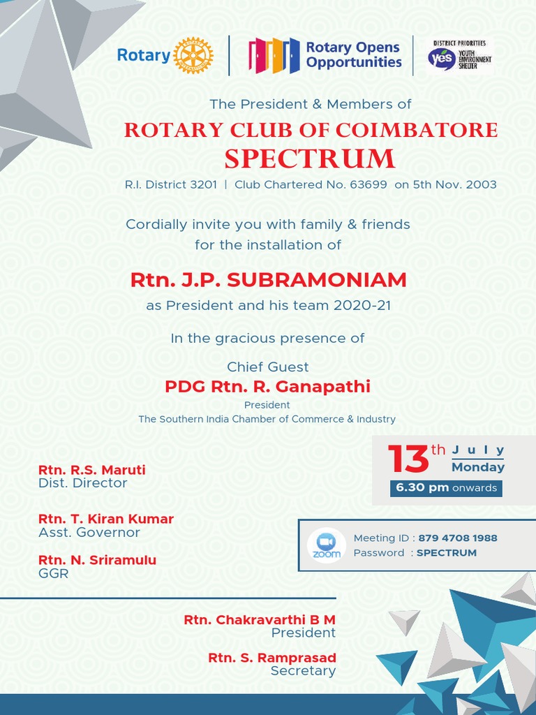 Rotary Club of Coimbatore Spectrum - 2020 Invitation-5 | PDF