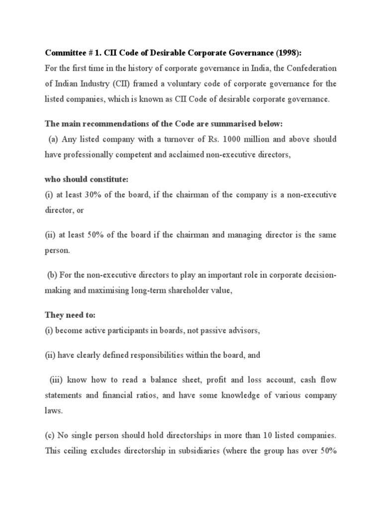 Committee # 1. CII Code of Desirable Corporate Governance (1998) | PDF ...