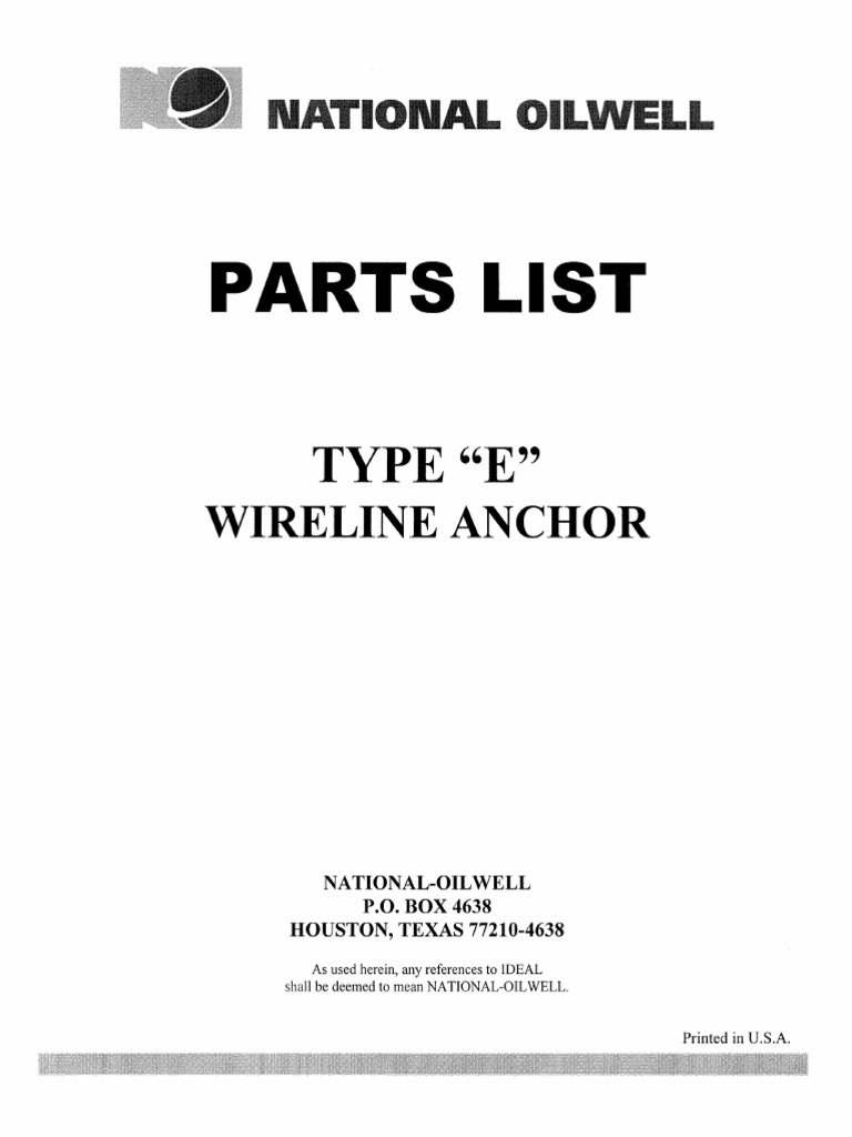 National Type e Wireline Anchor Partslist | PDF