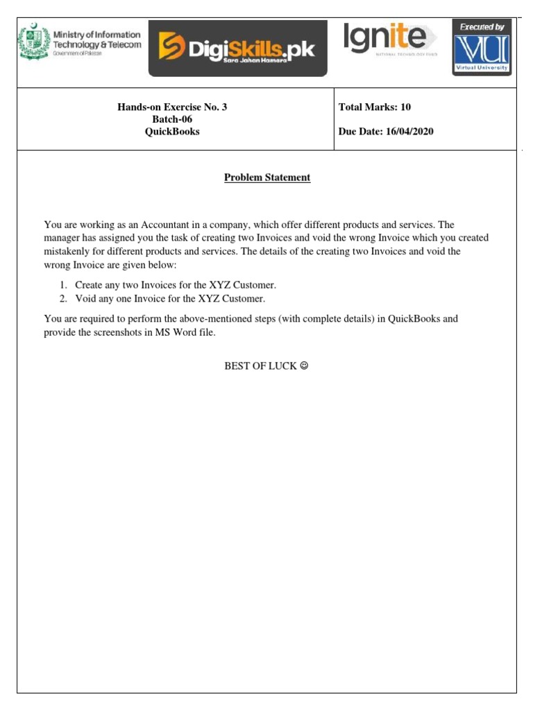 Hands-On Exercise No. 3 Batch-06 Quickbooks Total Marks: 10 Due Date ...