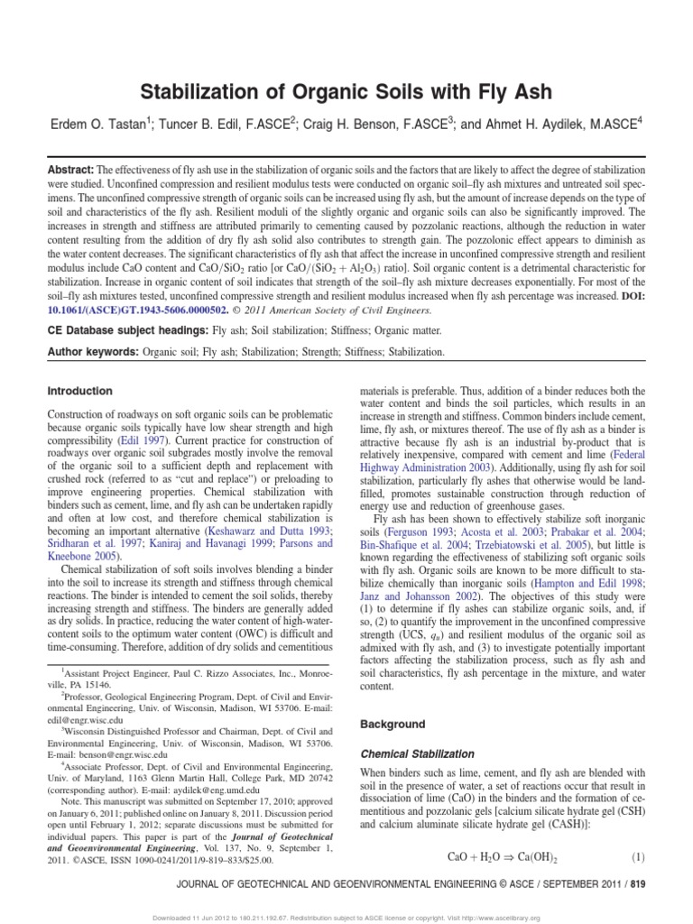 Stabilization of Organic Soils With Fly Ash | PDF | Fly Ash | Cement